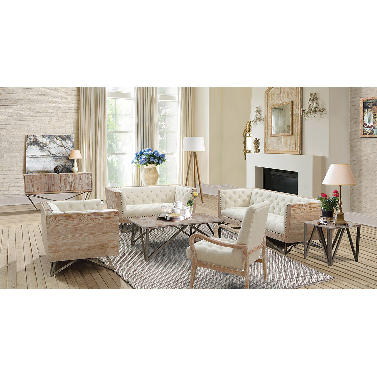 Regis Sofa Set - Tufted, Cream Fabric, Pine Frame, Gunmetal Legs | DCG ...