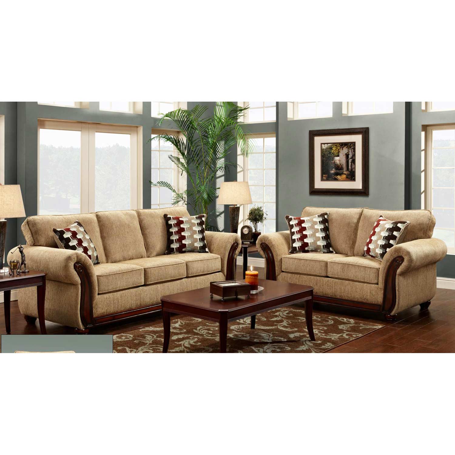 Courtney Rolled Arm Sofa - Wood Trim, Radar Havana | DCG Stores