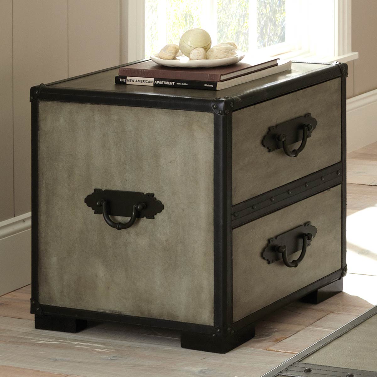 Rowan 2-Drawer End Table - Leather Accents, Gray | DCG Stores