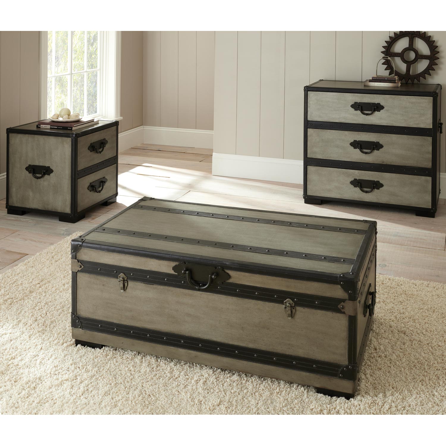 Rowan 2-Drawer End Table - Leather Accents, Gray | DCG Stores
