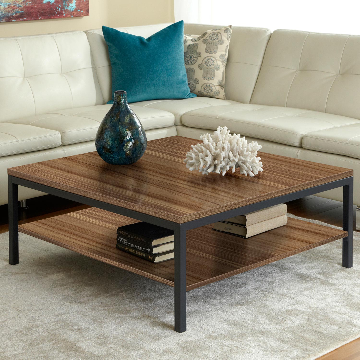 Parson Square Coffee Table - Shelf, Steel Frame, Walnut | DCG Stores