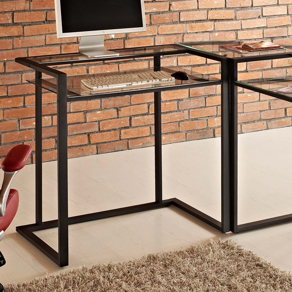 C-Frame Corner Computer Desk - Black Metal, Clear Glass | DCG Stores
