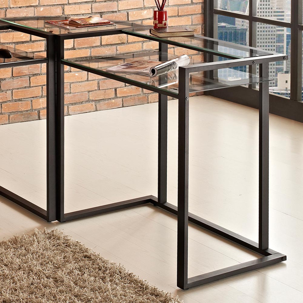 C-Frame Corner Computer Desk - Black Metal, Clear Glass | DCG Stores